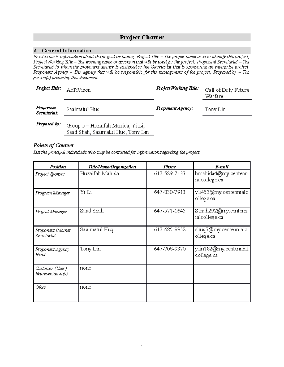 Project Charter management - Group 5 - Project Charter A. General ...
