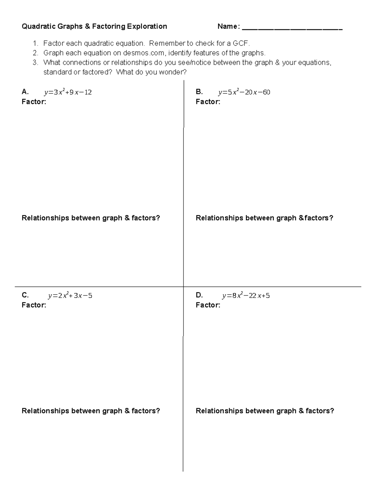 Quadratic Graphs & Factors Exploration - Quadratic Graphs & Factoring ...