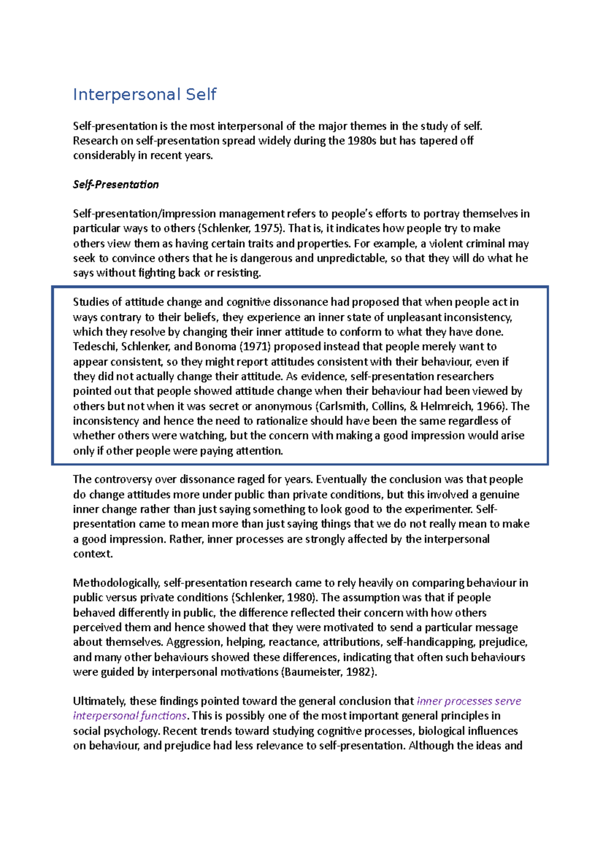 Interpersonal self p3 - Lecture notes 6 - Interpersonal Self Self ...
