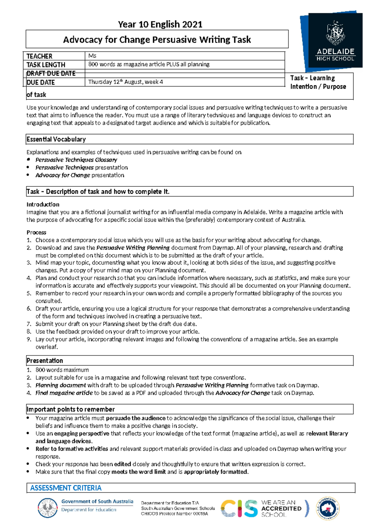 Advocacy for Change Persuasive Writing Task 2021 - Year 10 English 2021 ...