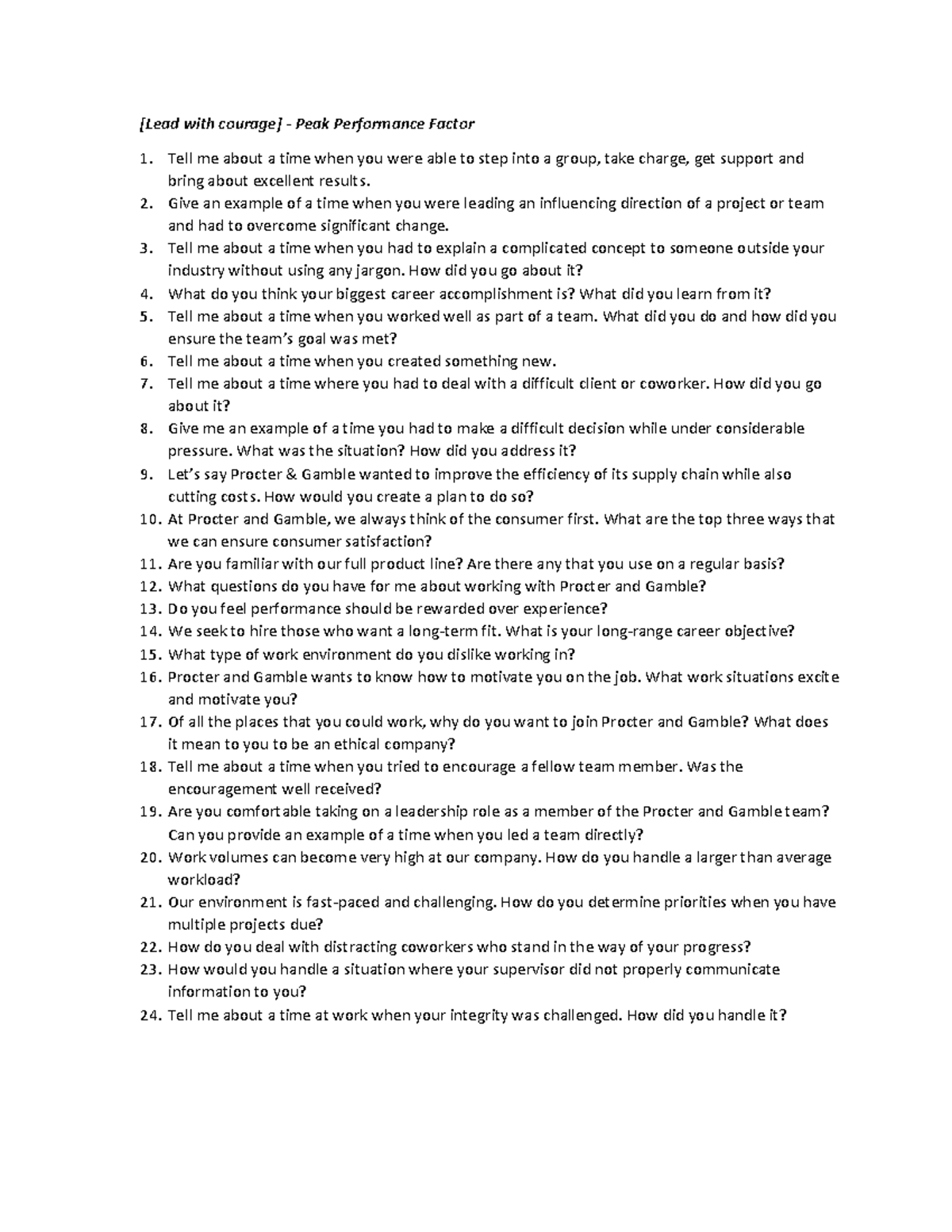P&G - Copy - Interview questions for p&g - [Lead with courage] - Peak ...
