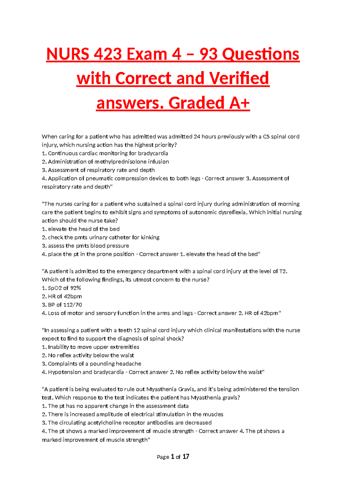 NURS 423 Exam 4 - NURS 423 Exam 4 - NURS 423 Exam 4 – 93 Questions with ...