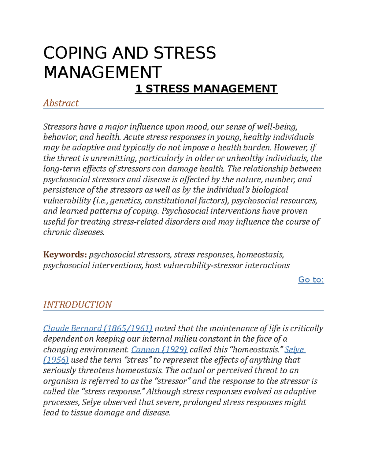 Coping AND Stress Management - COPING AND STRESS MANAGEMENT 1 STRESS ...
