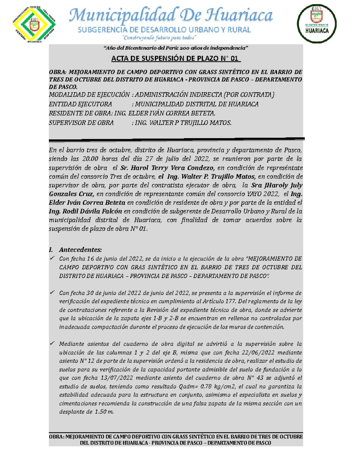 ACTA DE Paralizacion DE OBRA N° 01 - ACTA DE SUSPENSIÓN DE PLAZO N° 01 OBRA: MEJORAMIENTO DE ...