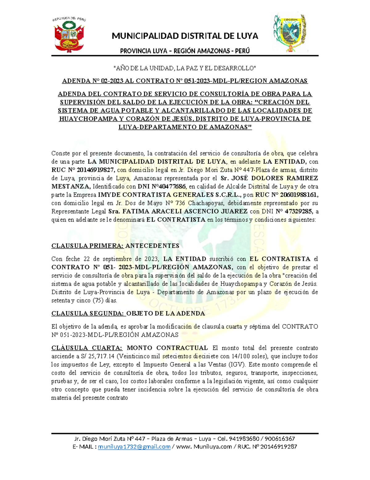 Adenda 2 - MUNICIPALIDAD DISTRITAL DE LUYA PROVINCIA LUYA – REGIÓN AMAZONAS - PERÚ "AÑO DE LA ...