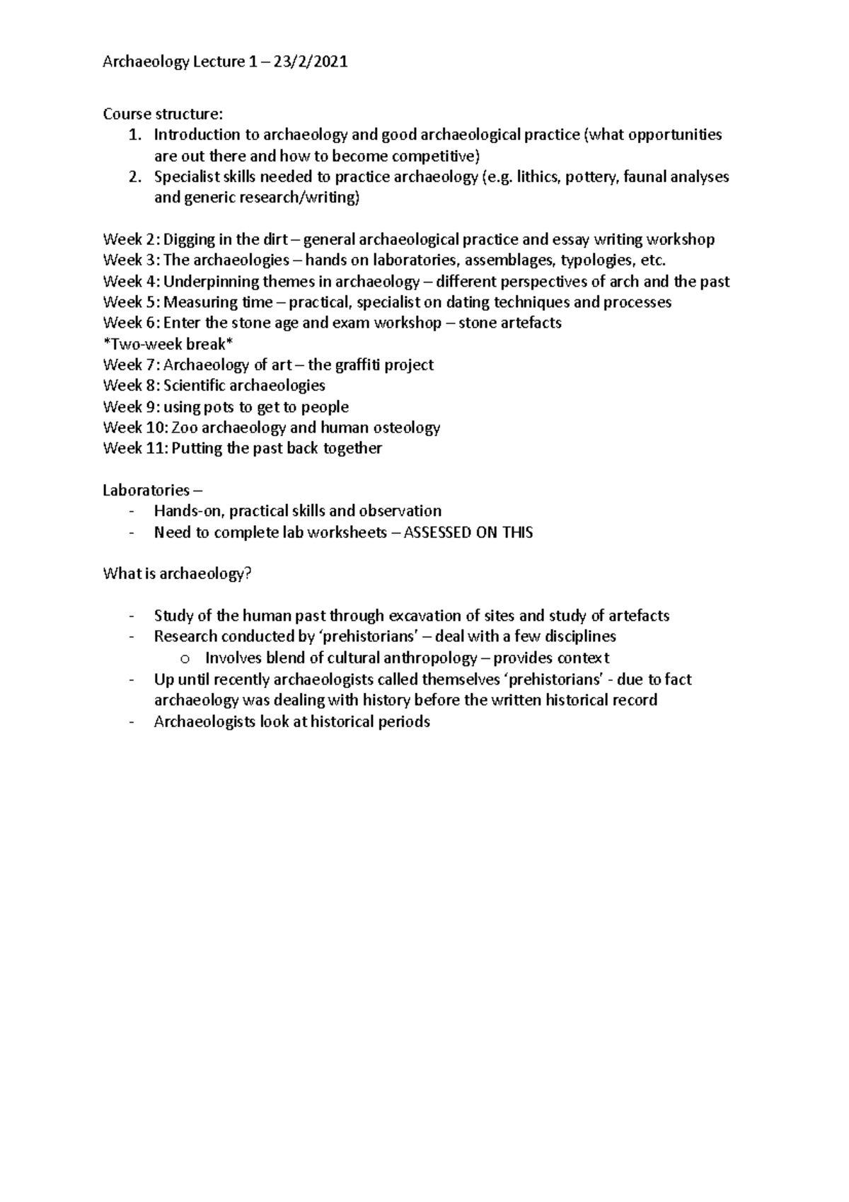 Arch Lecture 1 Archaeology Lecture 1 232 Course Structure 1 Introduction To Archaeology