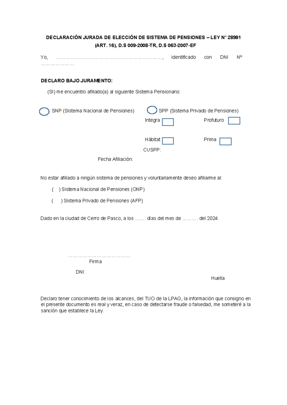 Afiliacion A LA ONP - Ejemplo - DECLARACIÓN JURADA DE ELECCIÓN DE SISTEMA DE PENSIONES – LEY N ...