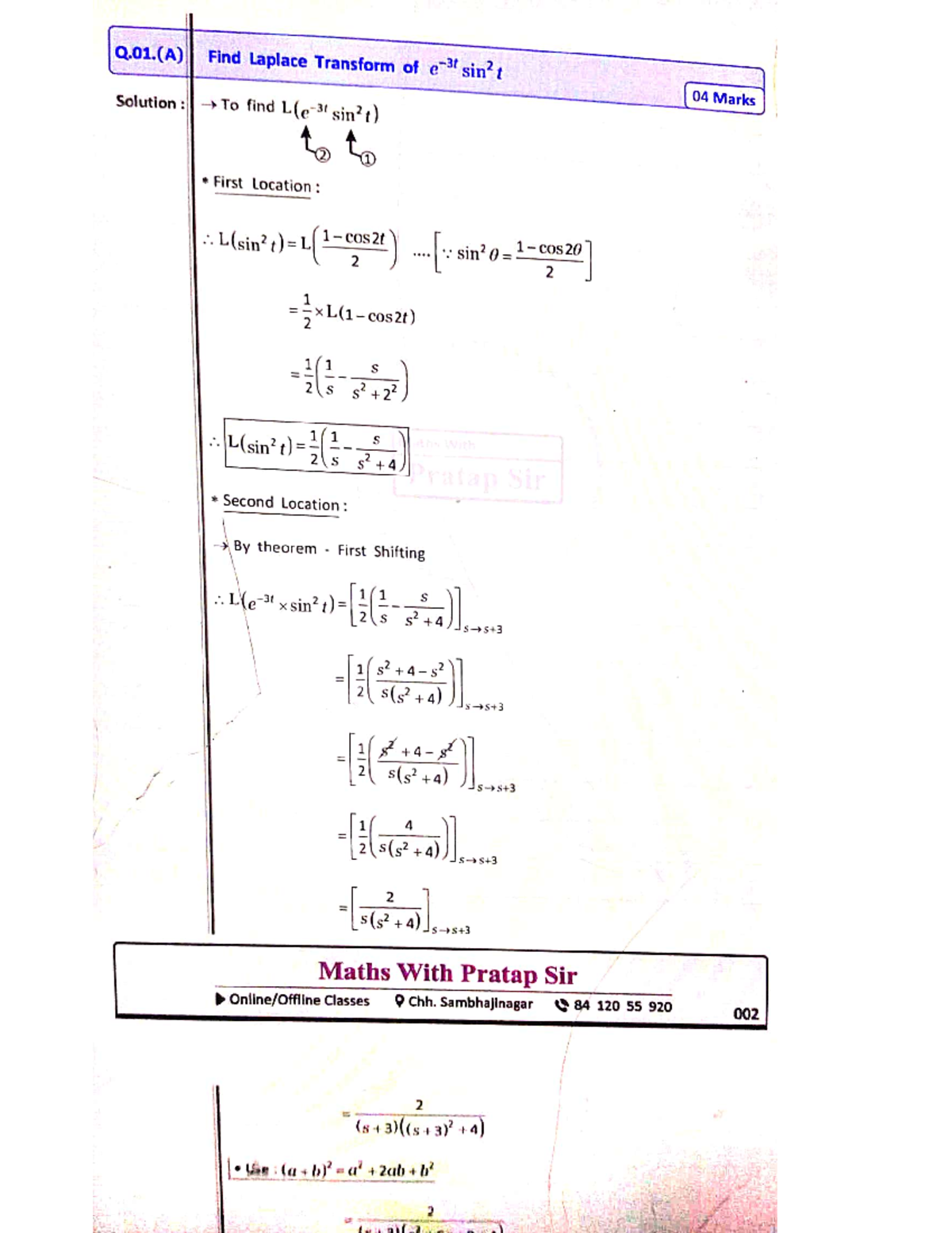 M3 PYQ Solved - Q.(A) Find Laplace Transform of sin2t Solution 04 Marks : To find 2 1 First ...
