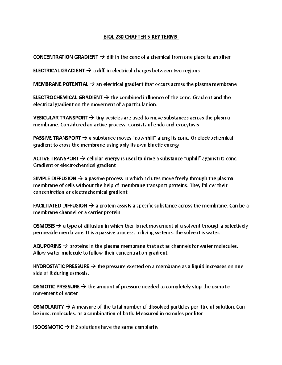 BIOL 230 Chapter 5 KEY Terms - BIOL 230 CHAPTER 5 KEY TERMS CONCENTRATION GRADIENT diff in the ...