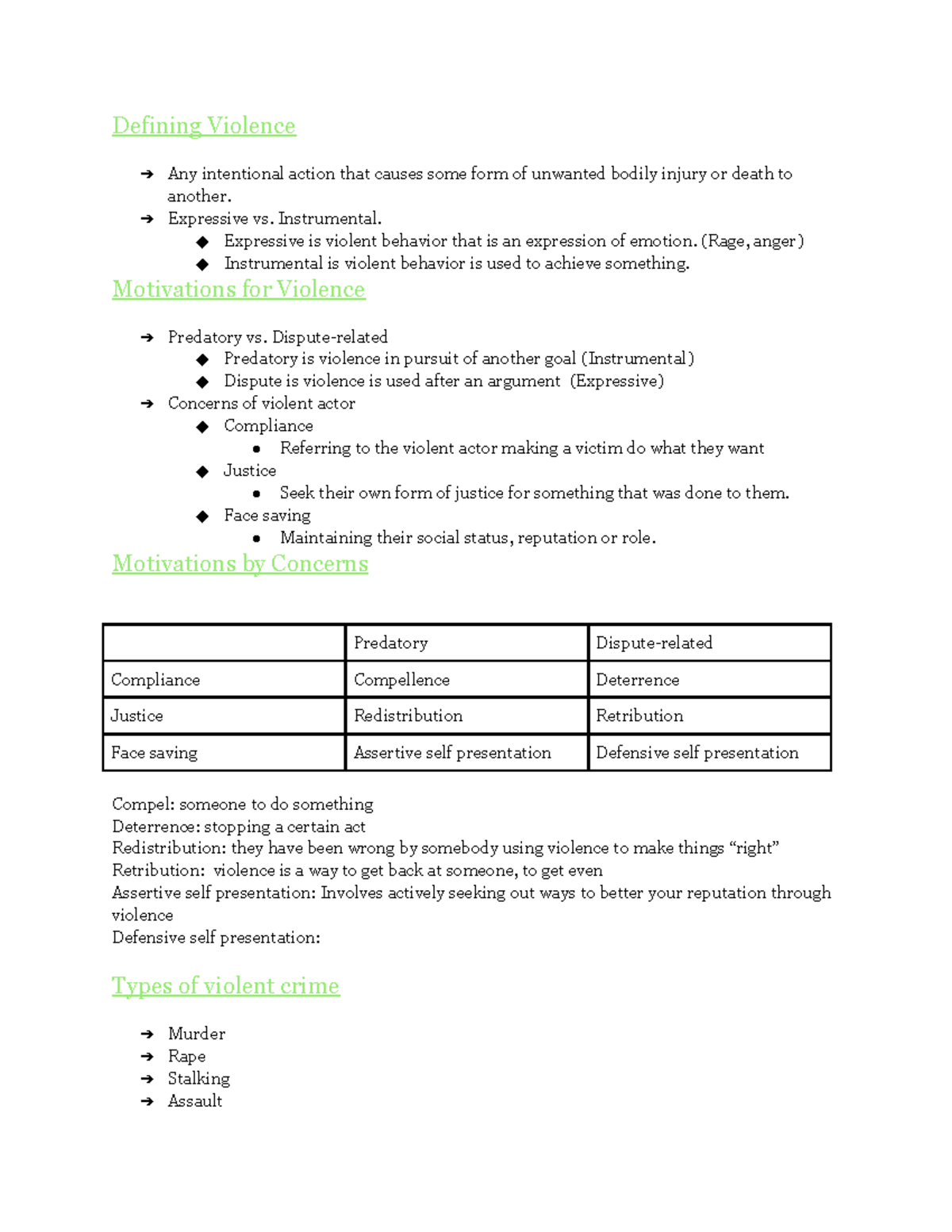 Violent Crime Notes - Defining Violence Any intentional action that ...
