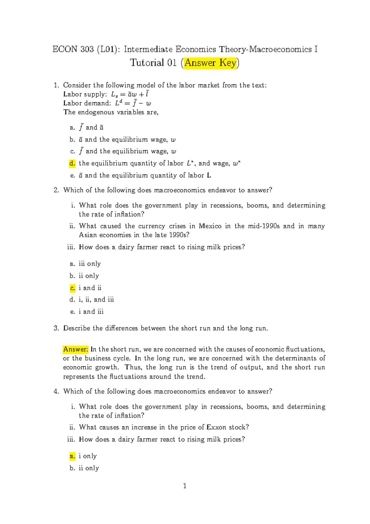 Tutorial 1 Answer Key - tut 1 - ECON 303 (L01): Intermediate Economics ...