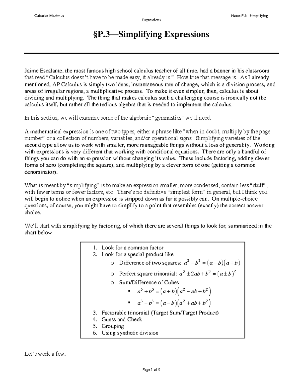 Simplifying Expressions - Expressions §P—Simplifying Expressions Jaime Escalante, the most ...
