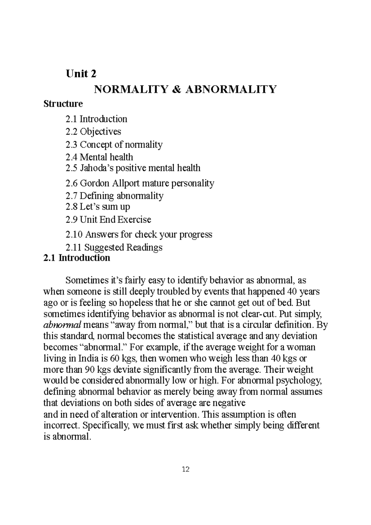 Abnormal Psychology (Psyco239) - Unit 2 NORMALITY & ABNORMALITY Structure 2 Introduction 2 - Studocu