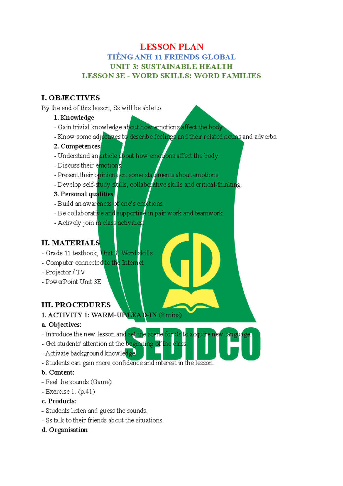 Tiếng Anh 11 Friends Global Lesson plan 3E - LESSON PLAN TIẾNG ANH 11 ...