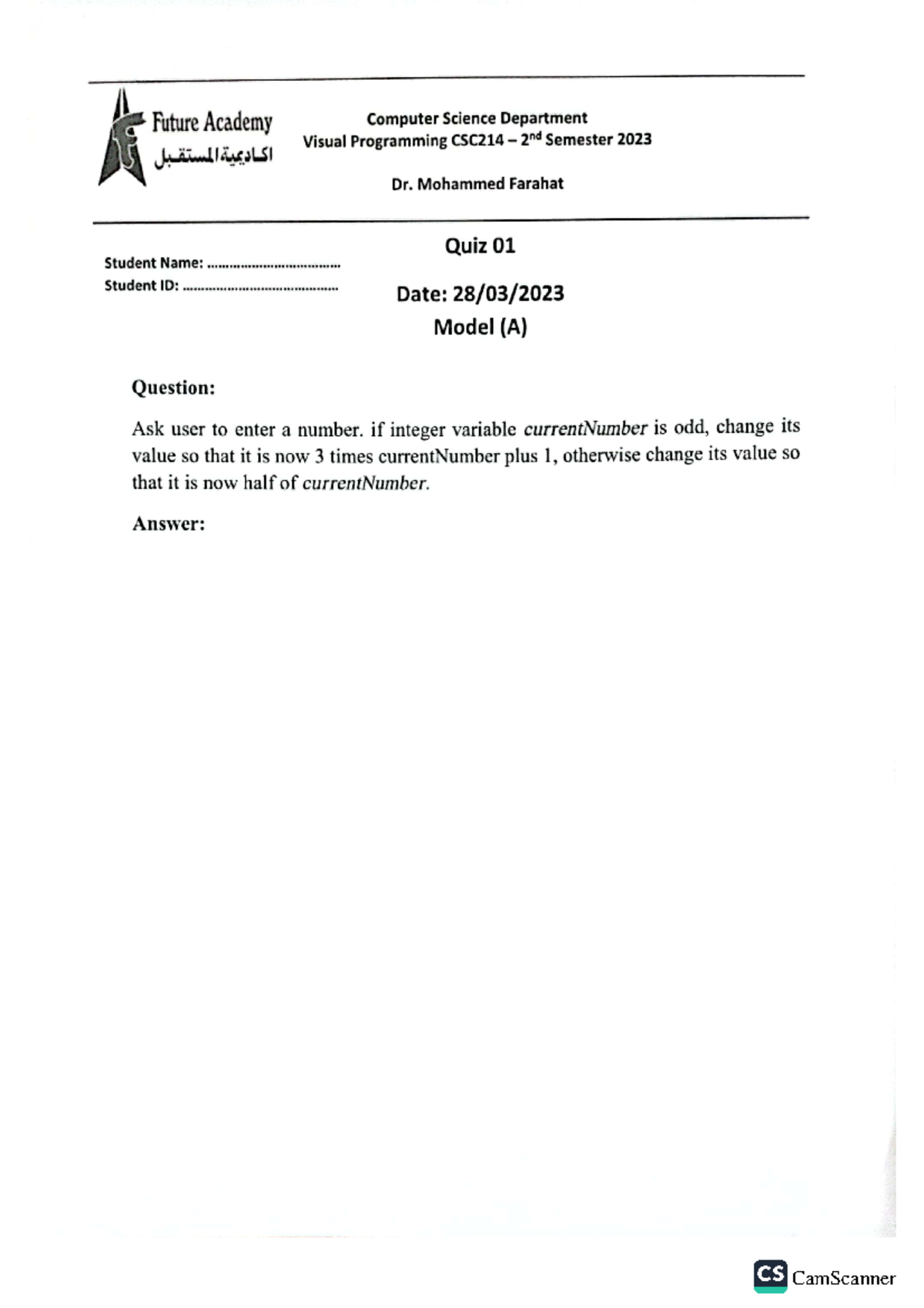 Quiz 1 Visual Programming Future Academy Computer Science Department Visual Programming Csc214