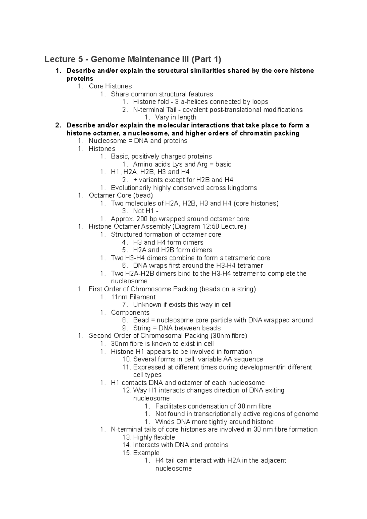 BIOC3001 Lecture 5 Learning Outcomes - Lecture 5 - Genome Maintenance ...