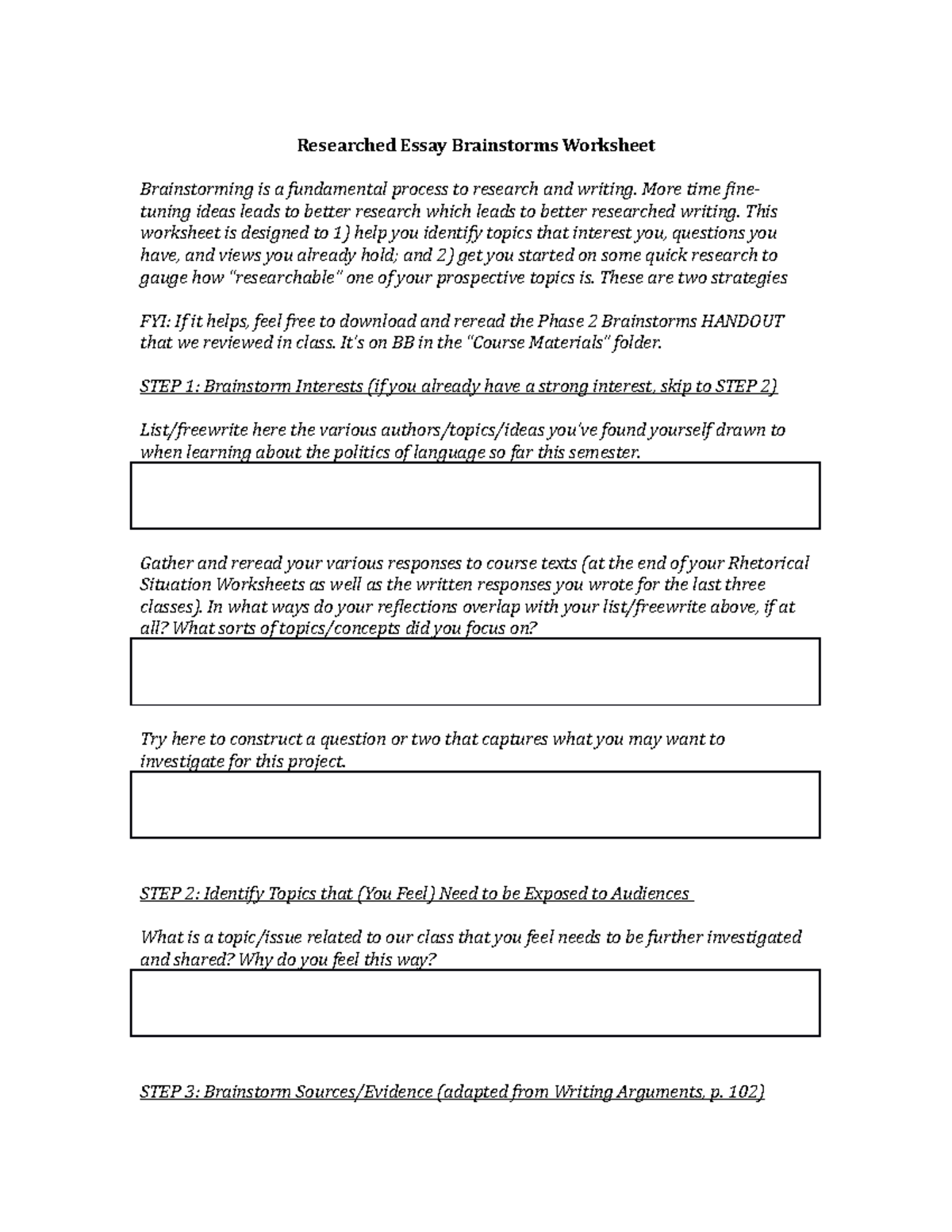 Researched Essay Brainstorms Worksheet - Researched Essay Brainstorms ...
