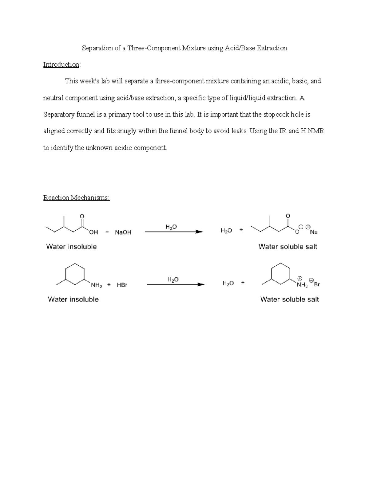 Experiment 6 full lab report - Separation of a Three-Component Mixture using Acid/Base ...