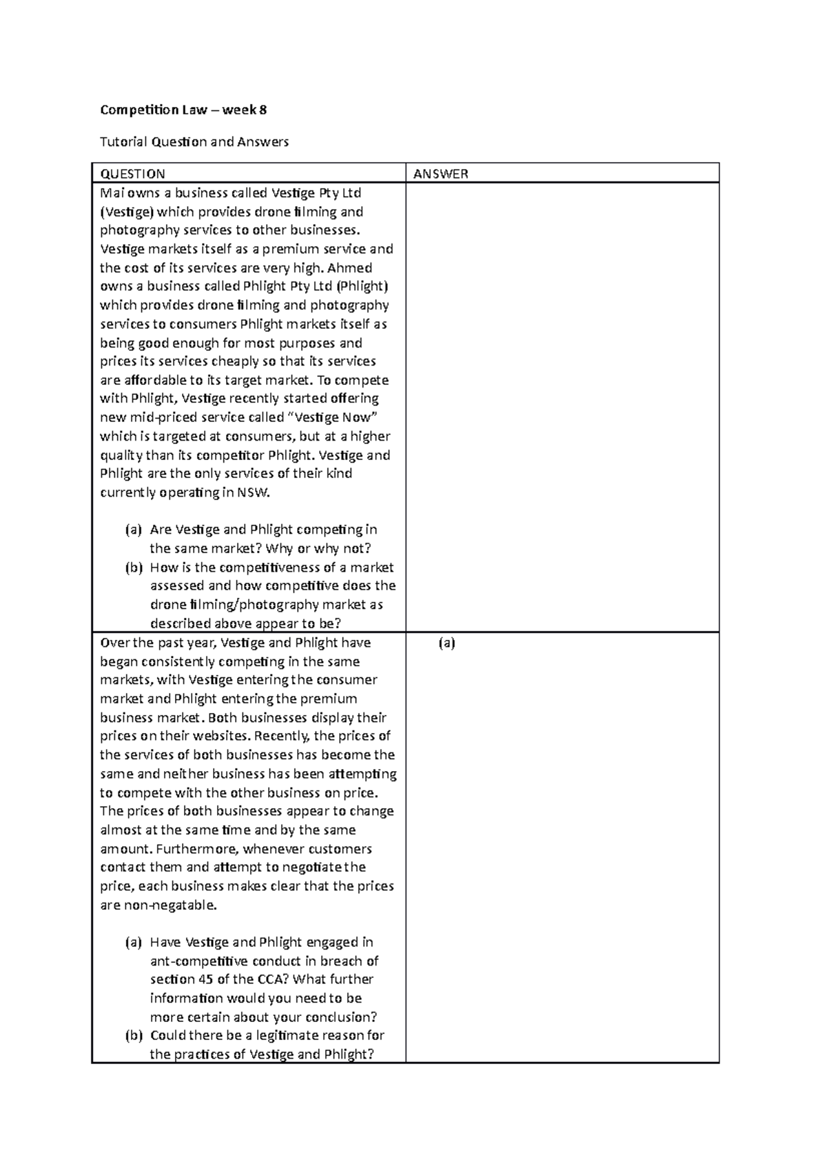 Tabl1710 wk 8 textbook notes and tutorial Questions - Competition Law ...