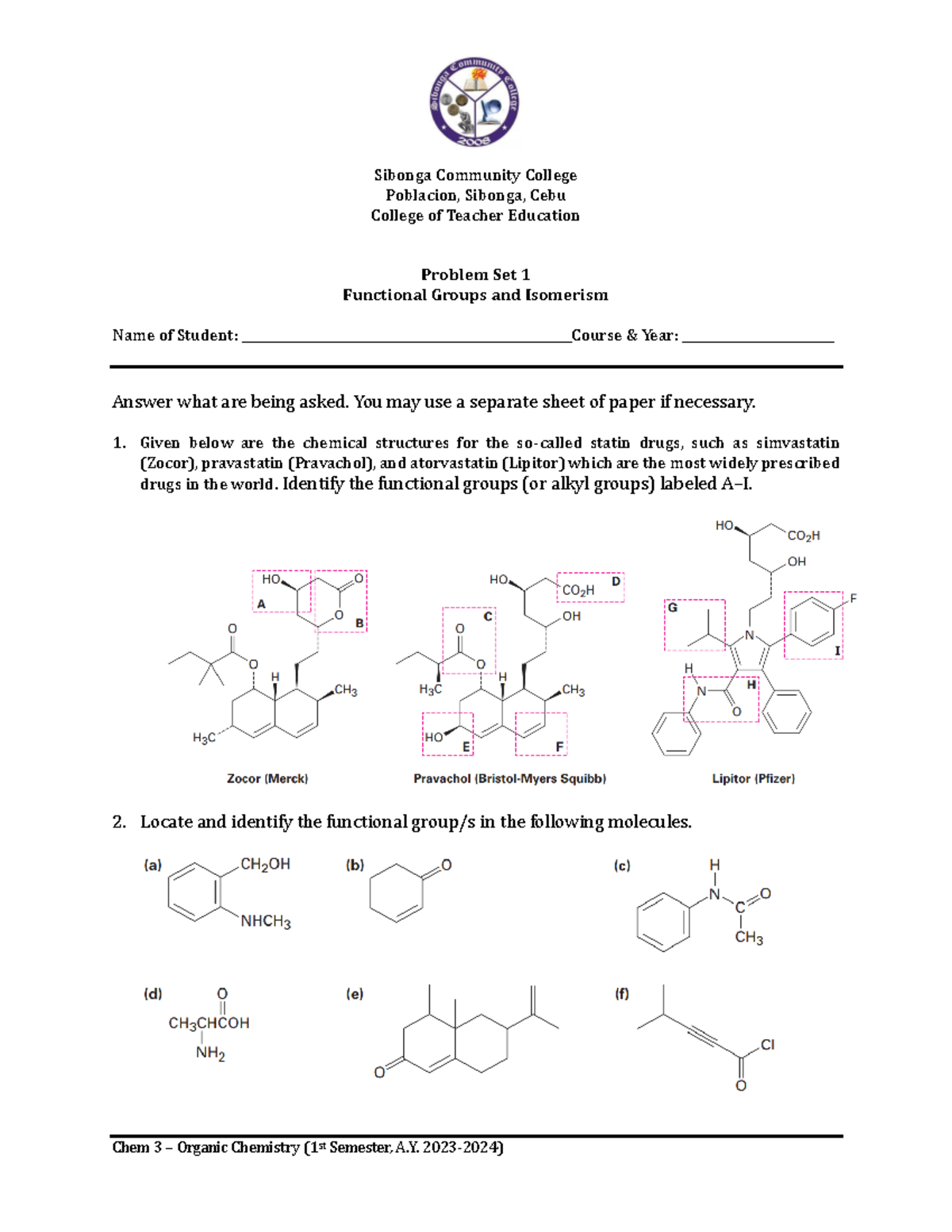 PS1 Functional Groups and Isomerism - Chem 3 – Organic Chemistry (1st ...