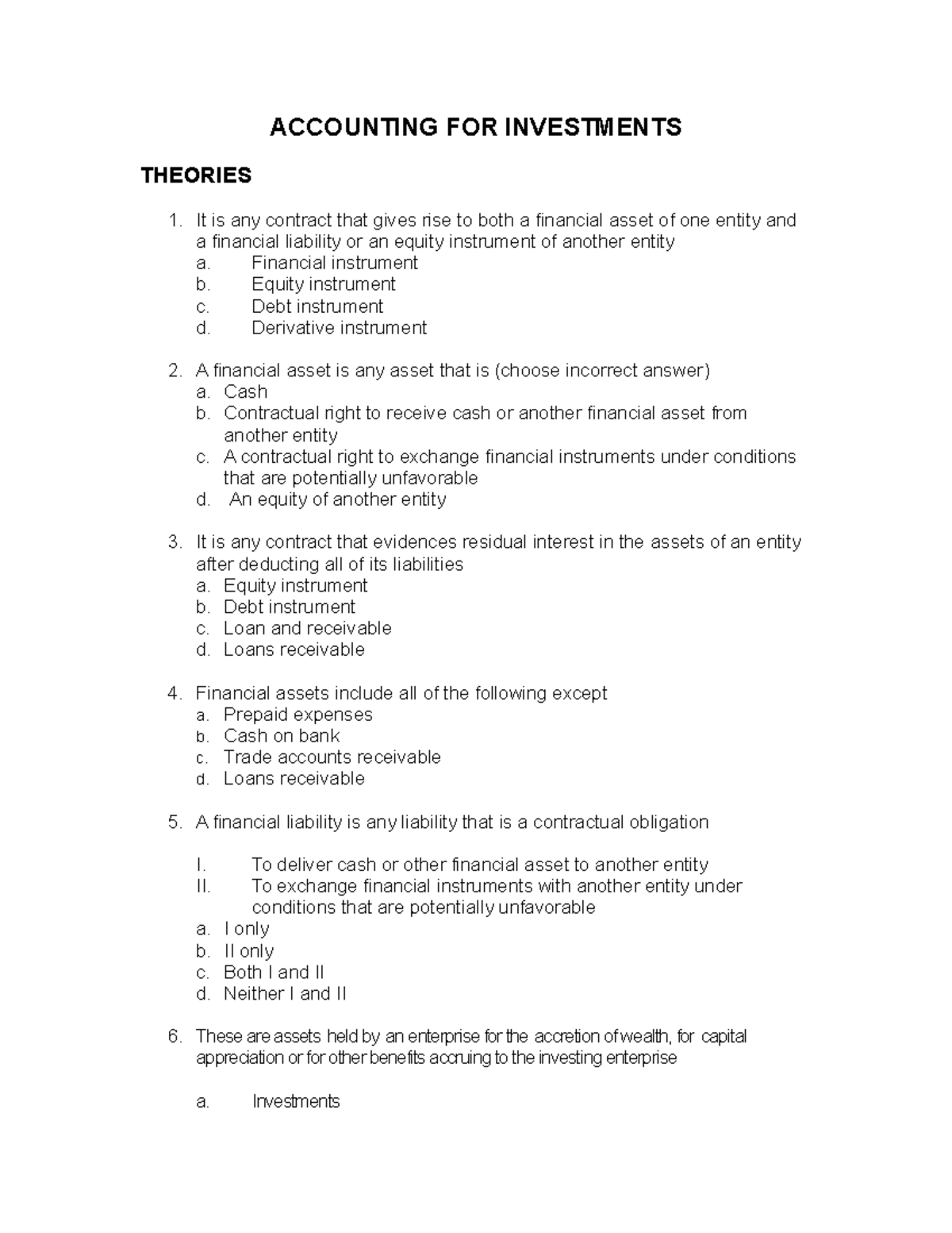 Pdfcoffee - BSA handouts - ACCOUNTING FOR INVESTMENTS THEORIES It is any contract that gives ...