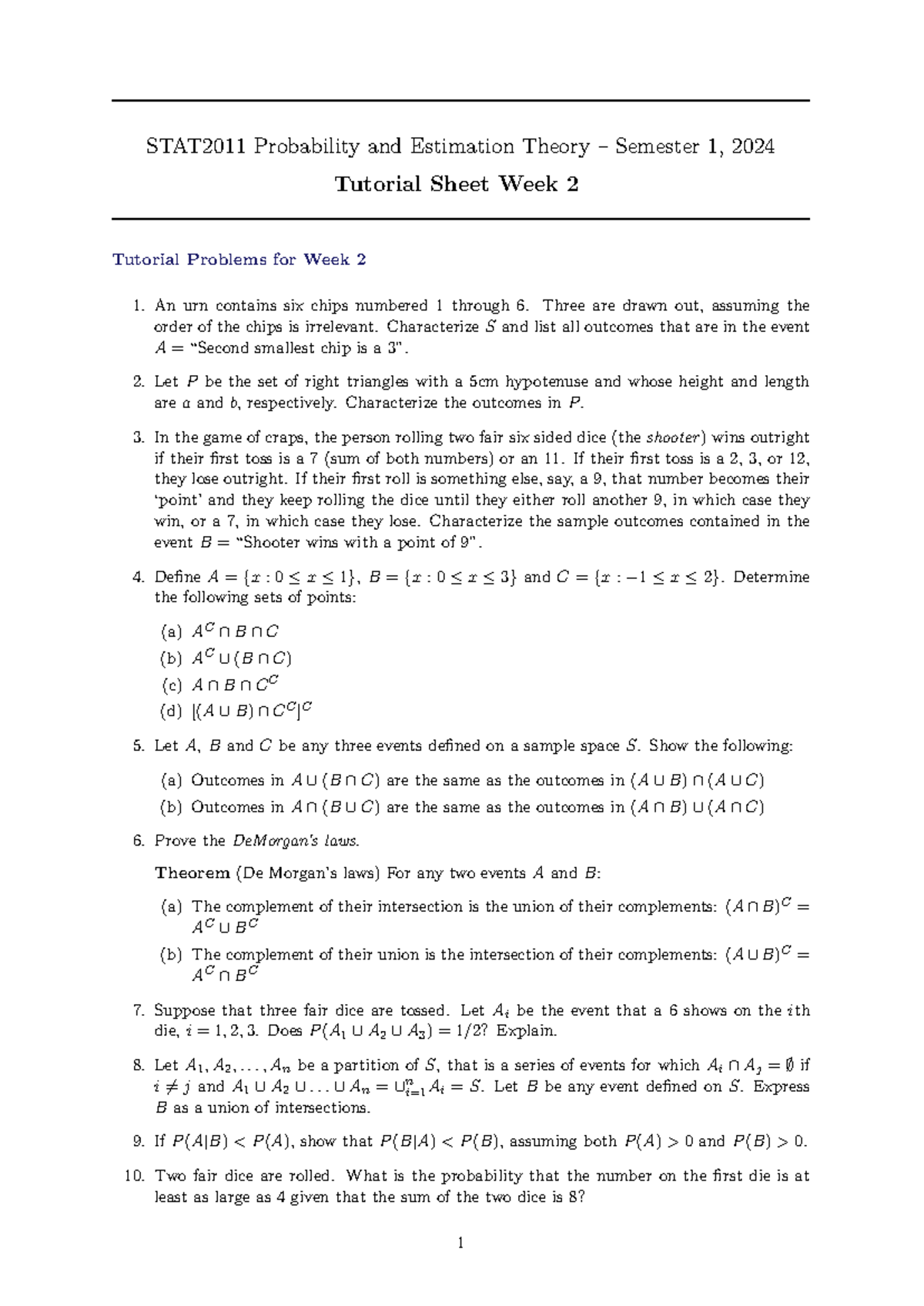 Tut02 - tutor - STAT2011 Probability and Estimation Theory – Semester 1, 2024 Tutorial Sheet ...