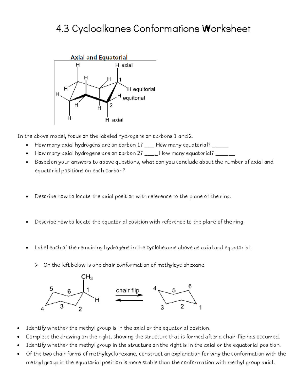 4.3 Cycloalkanes Conformations Worksheet-6 Blank Practice worksheet - 4 ...