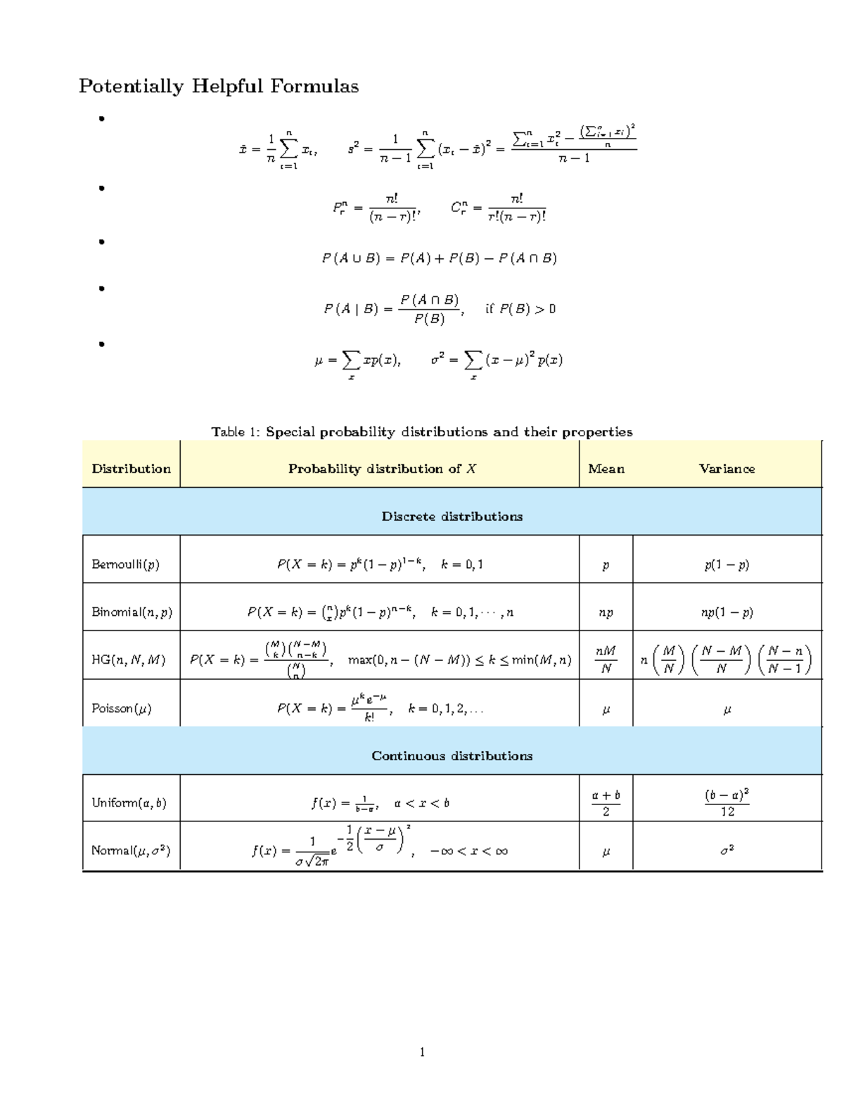 Formula sheet - physics - Potentially Helpful Formulas ̄x = 1 n ∑ n i ...