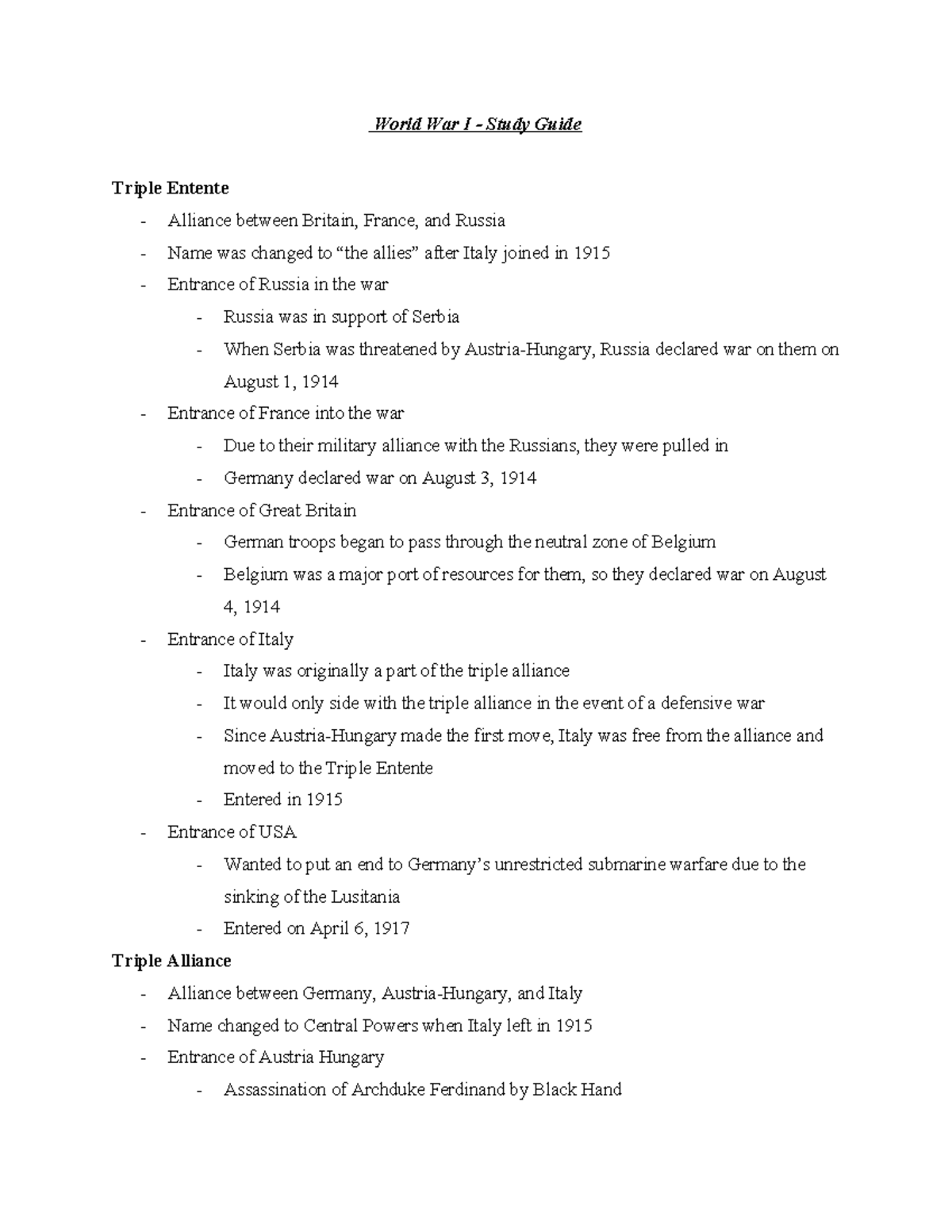 World War I Test Study Guide - World War I - Study Guide Triple Entente ...