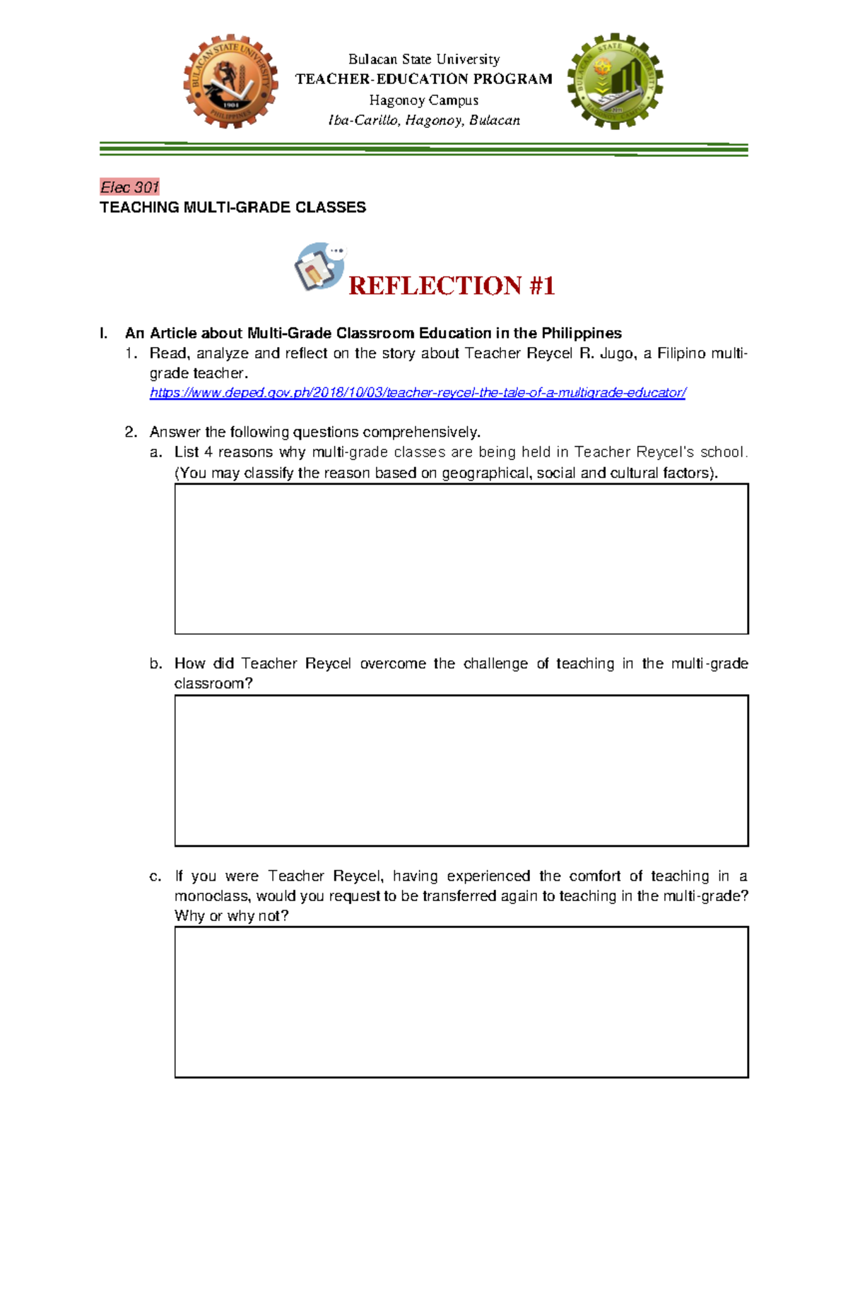 Reflection 1- Elec 301 1 - Bulacan State University TEACHER-EDUCATION ...
