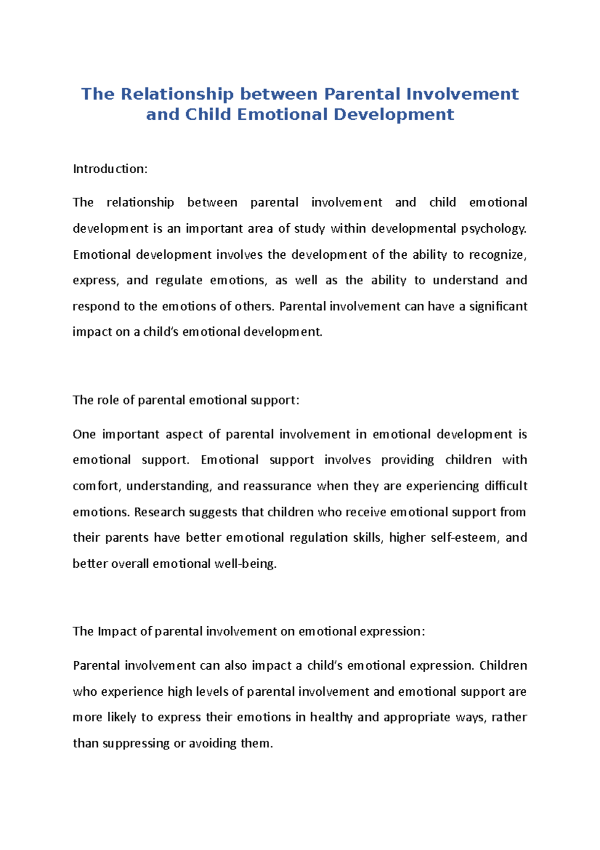 The Relationship between Parental Involvement and Child Emotional ...