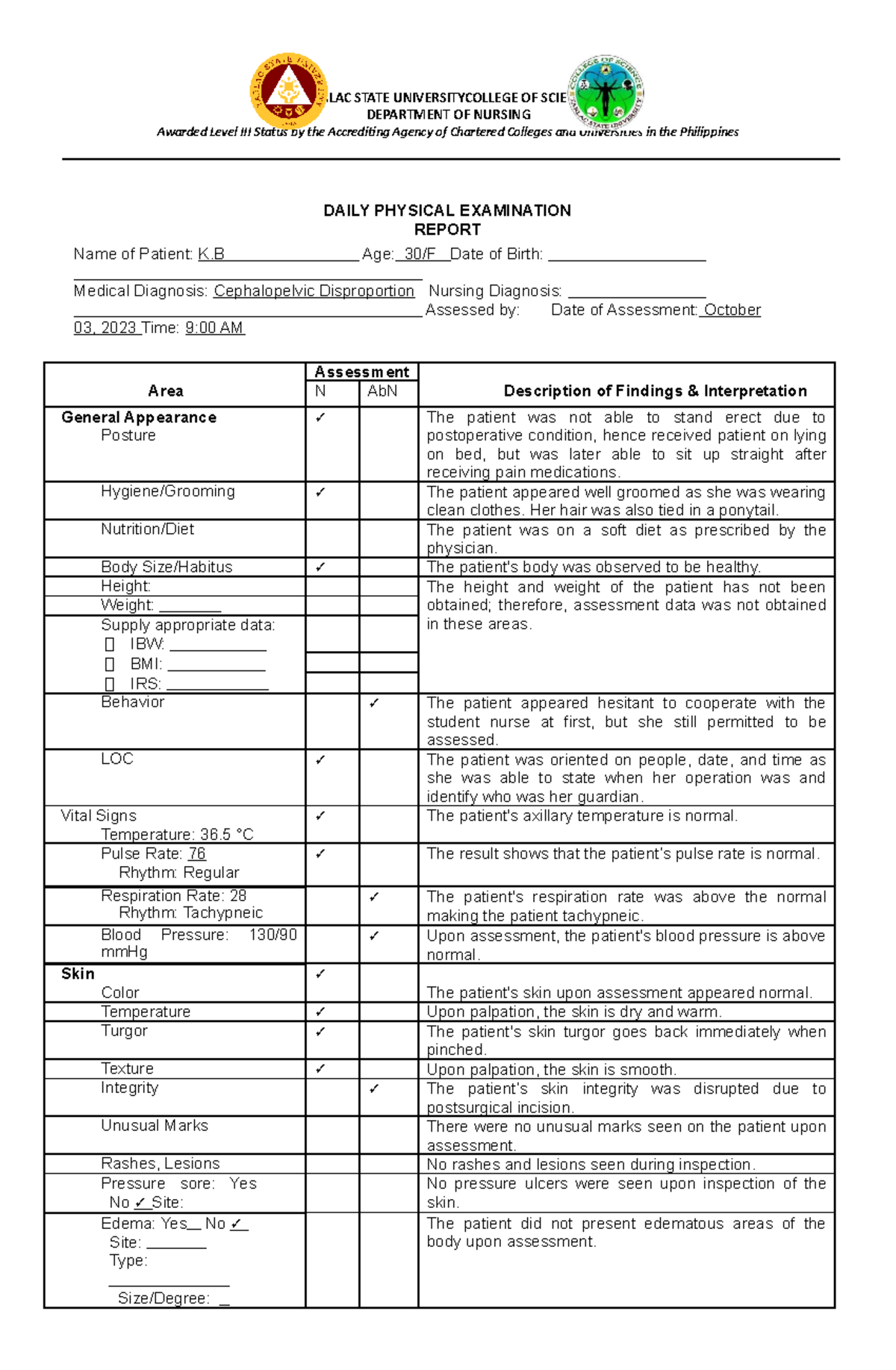 Daily Physical Examination Report - DAILY PHYSICAL EXAMINATION REPORT ...