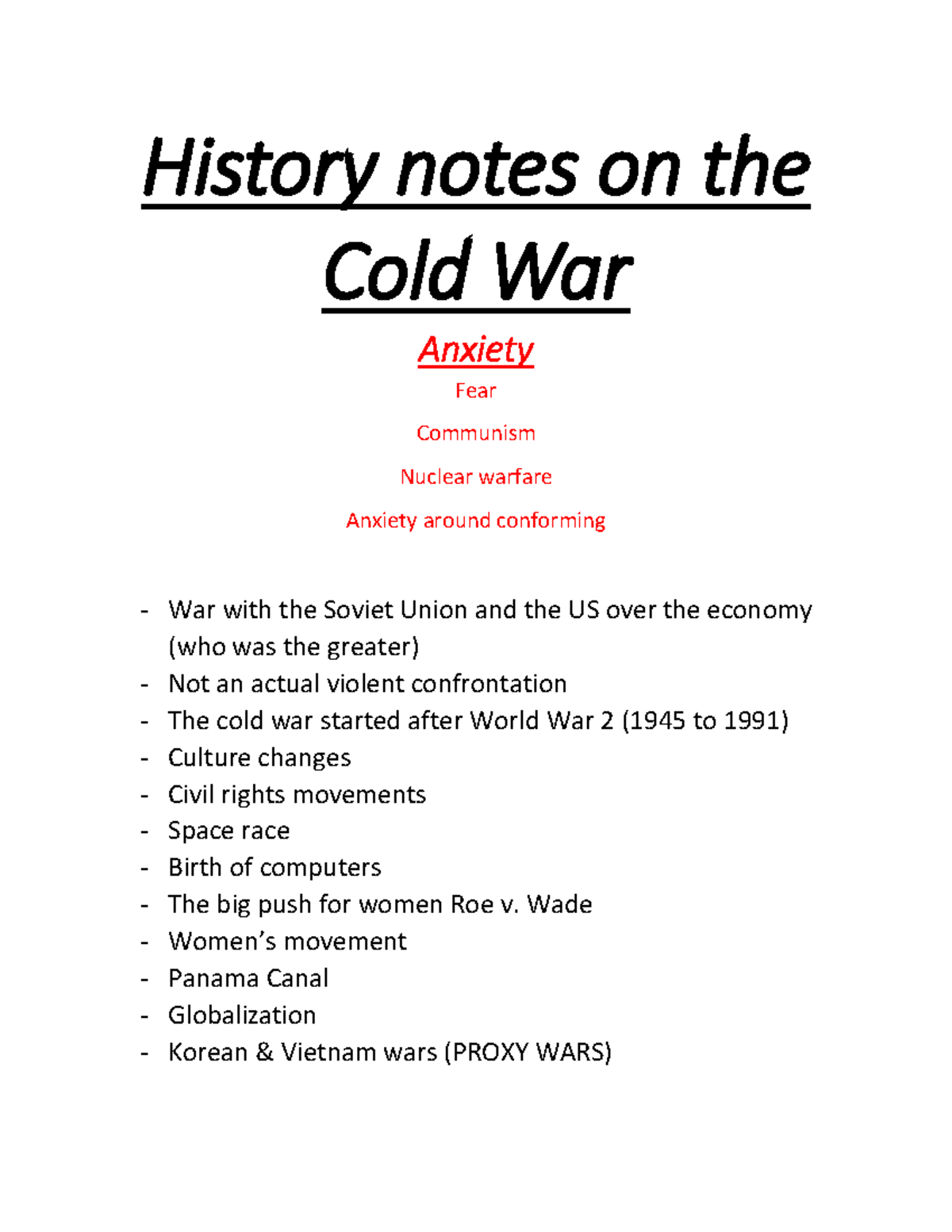 Cold War Notes - History notes on the Cold War Anxiety Fear Communism ...