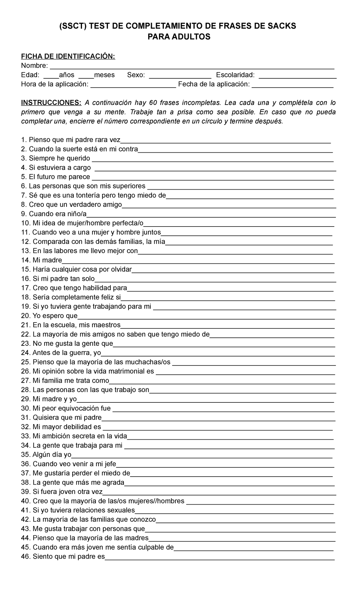 Test-Sacks-Adultos - PSICOLOGIA - (SSCT) TEST DE COMPLETAMIENTO DE ...