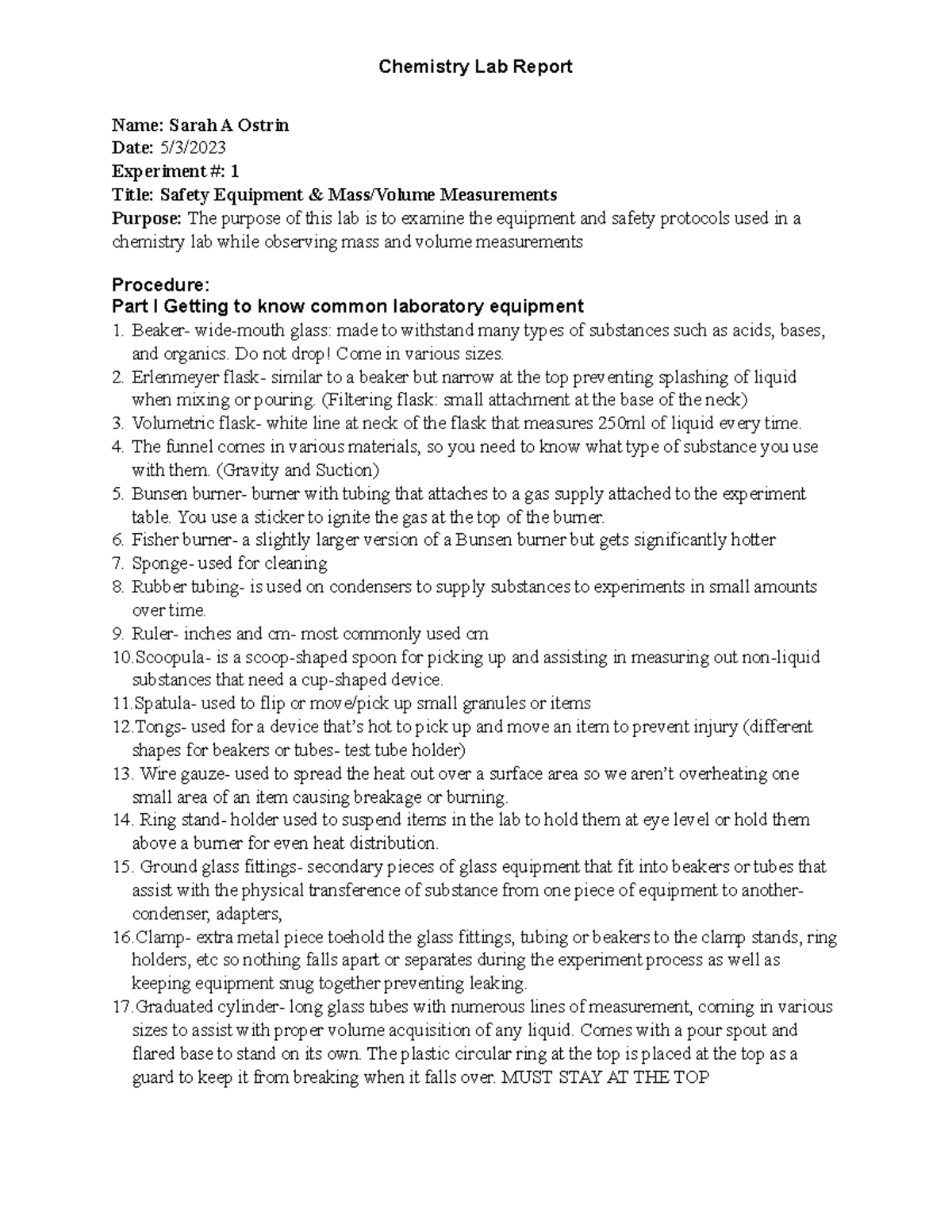 Chemistry Lab Report 1 - Name: Sarah A Ostrin Date: 5/3/ Experiment ...