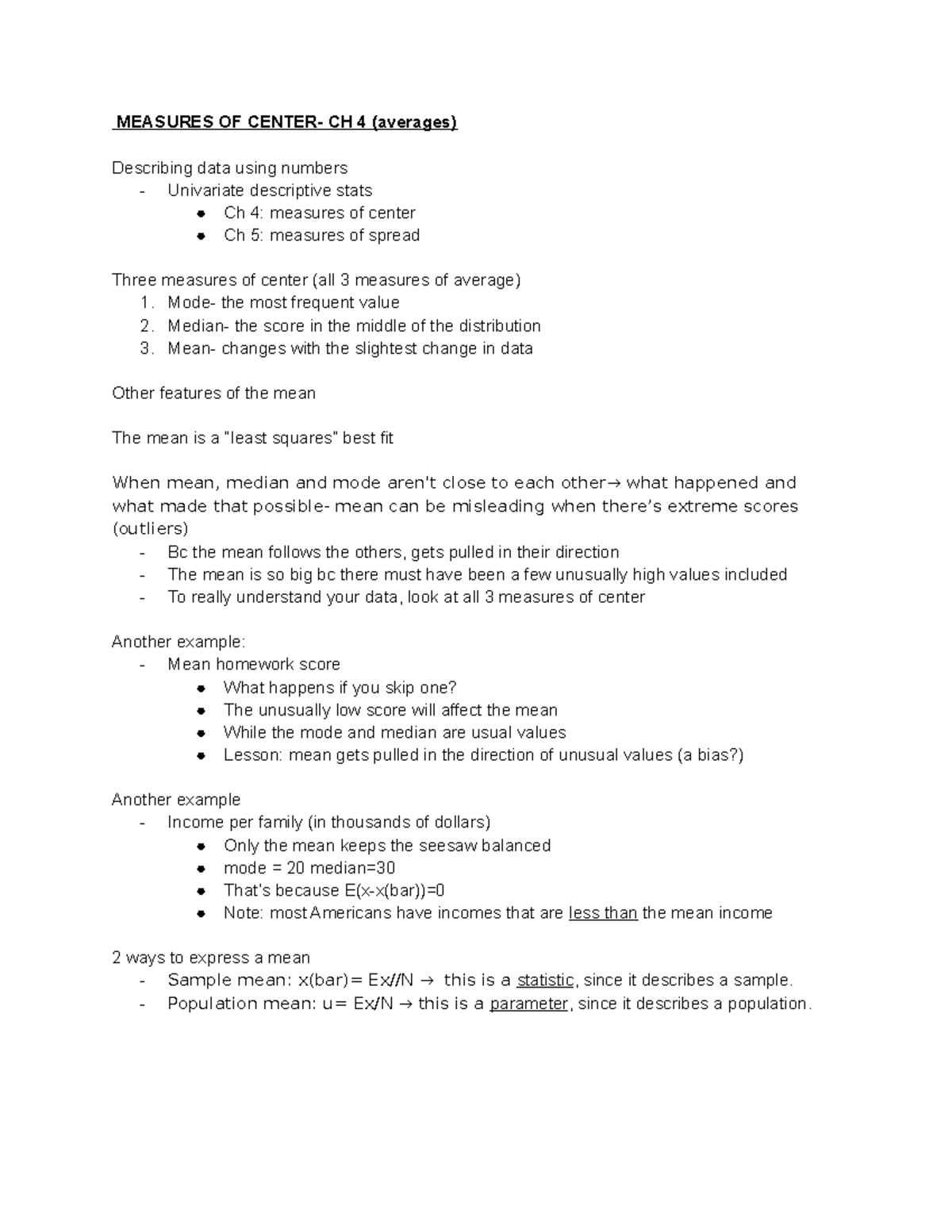 CH 4 Notes - Measures of Center - MEASURES OF CENTER- CH 4 (averages ...