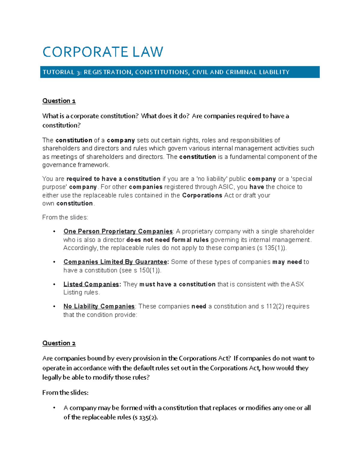 Corporate Law Tutorial 3 (for Week 4) Registration, Corporate Constitution, Corporate Liability ...