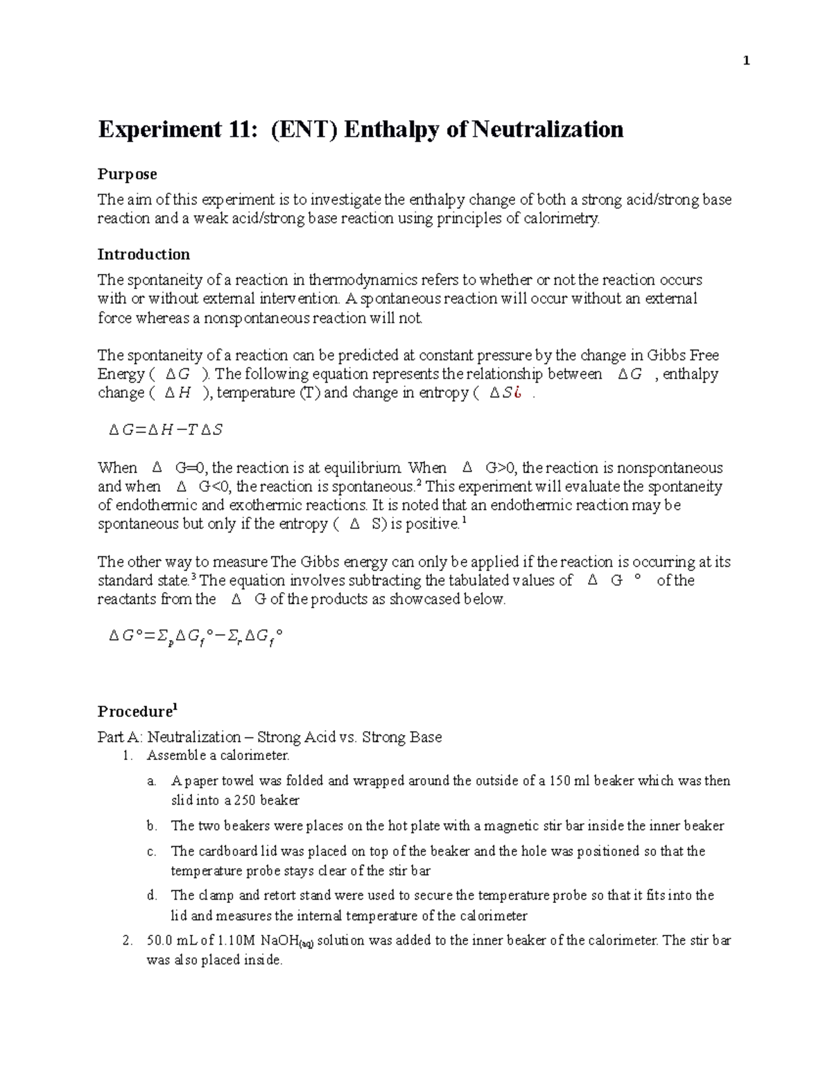 Enthalpy of Neutralization - Experiment 11: (ENT) Enthalpy of ...
