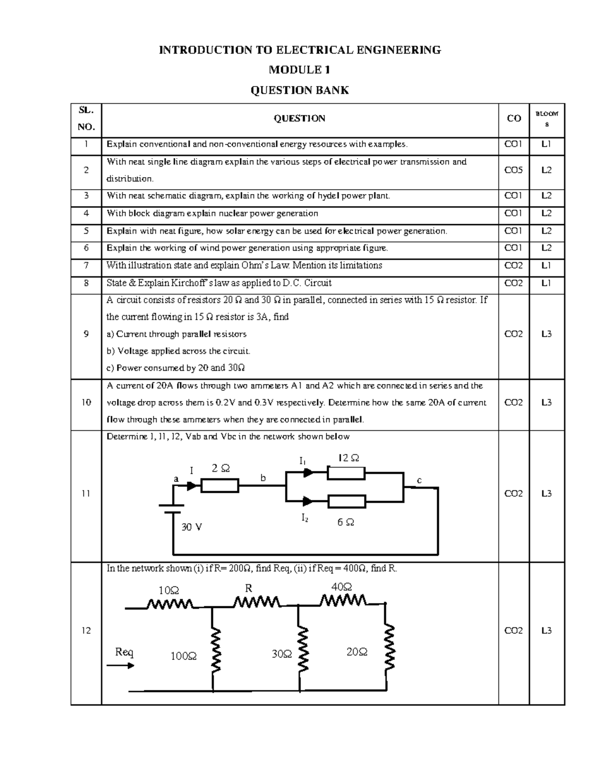 IEE Module 1 Question Bank - INTRODUCTION TO ELECTRICAL ENGINEERING ...