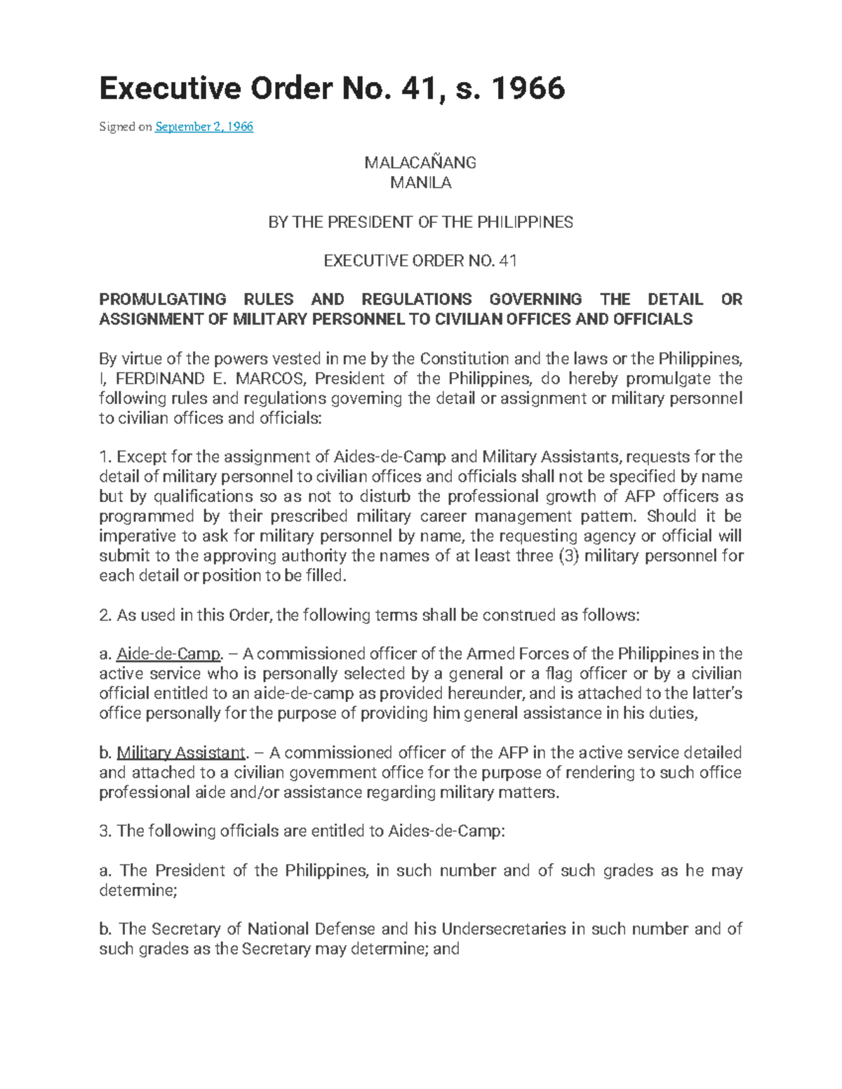 EO 41 - NOTES - Executive Order No. 41, s. 1966 Signed on September 2 ...