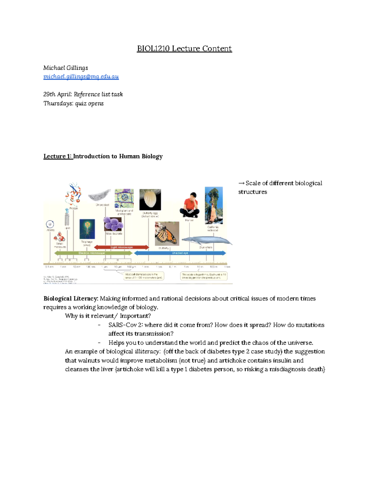 BIOL1210 Lecture Content - BIOL1210 Lecture Content Michael Gillings ...