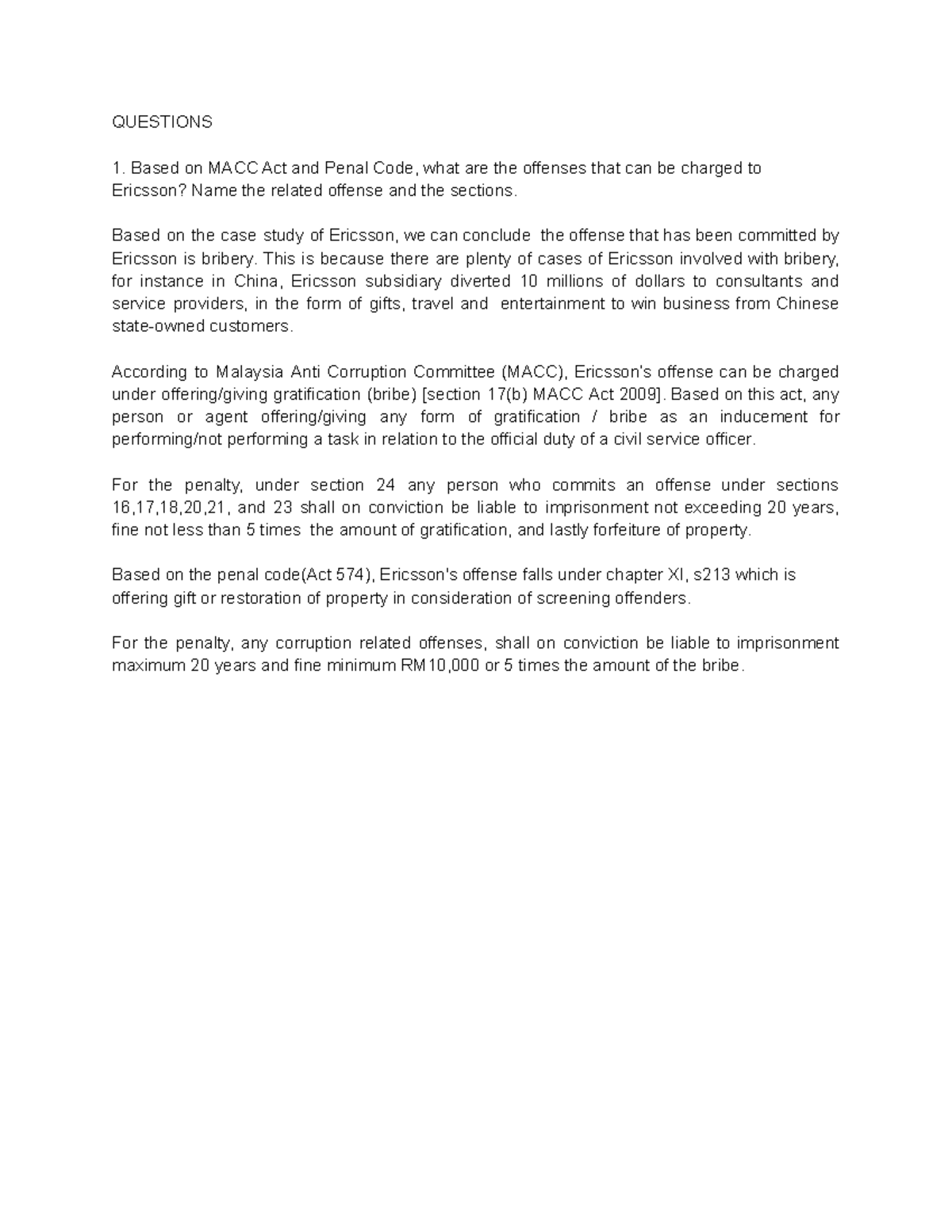 Ericsson - Good exercise - QUESTIONS Based on MACC Act and Penal Code ...
