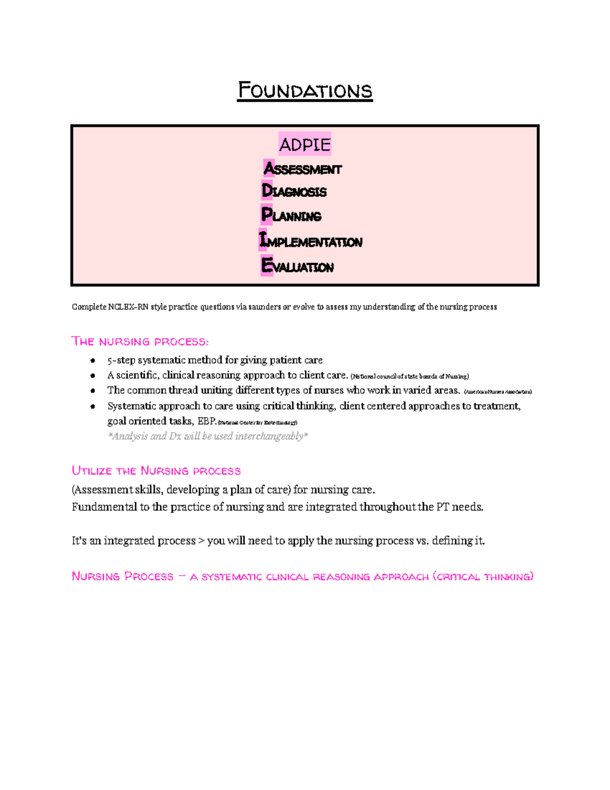EXAM 1 Foundations Notes - Foundations ADPIE ASSESSMENT DIAGNOSIS ...