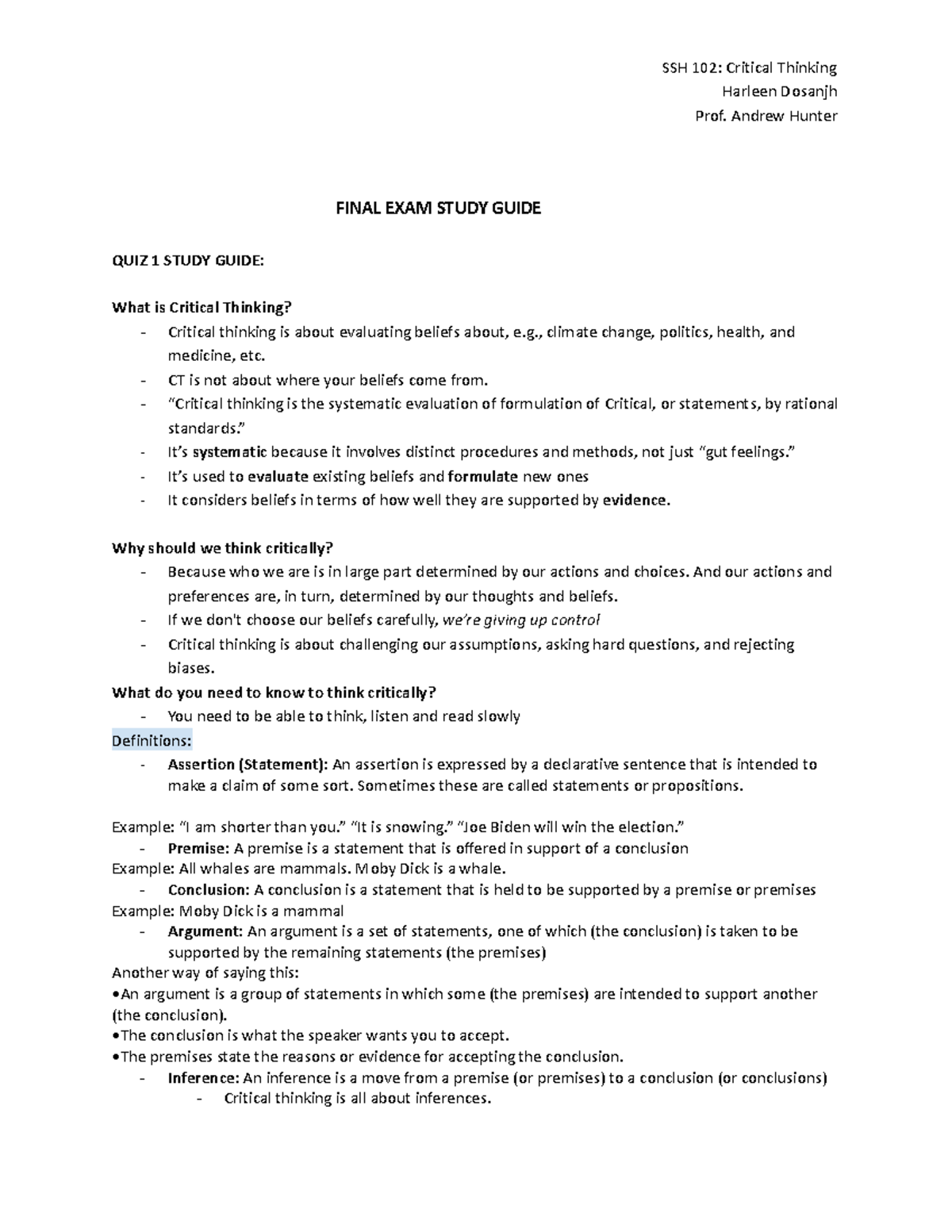 Final EXAM Study Notes SSH 105 - Harleen Dosanjh Prof. Andrew Hunter ...