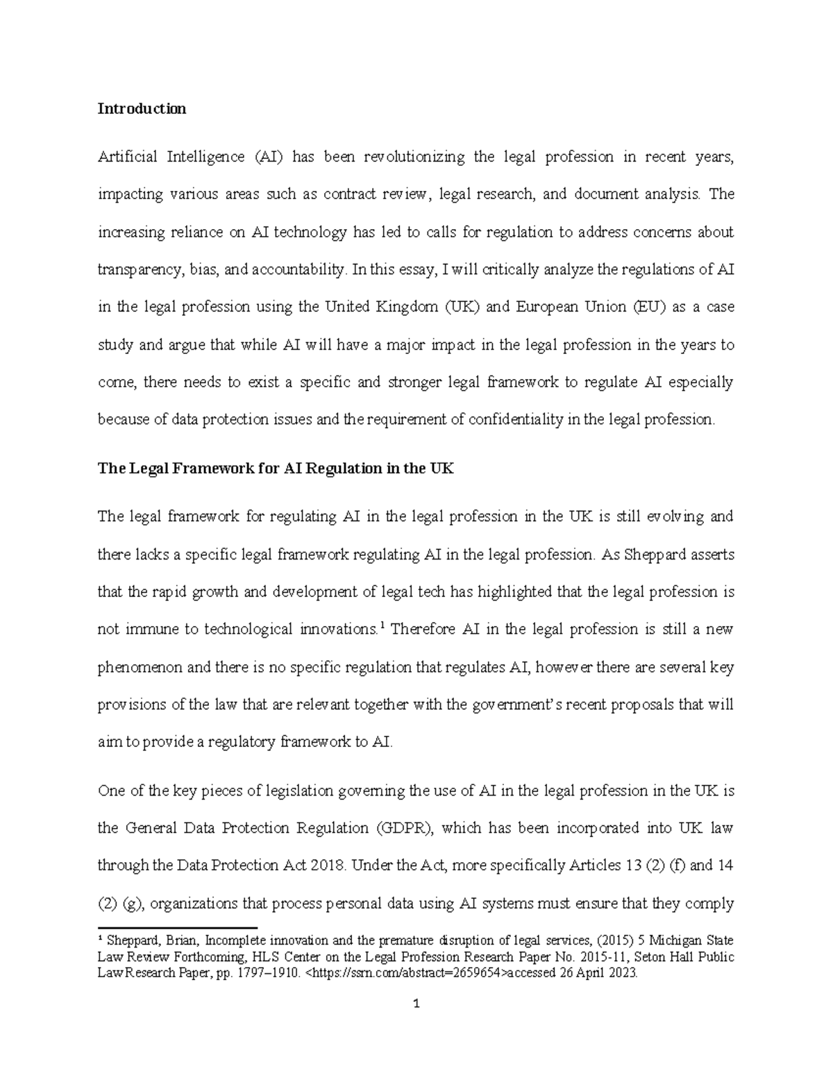 Cyber Space LAW - Introduction Artificial Intelligence (AI) has been ...