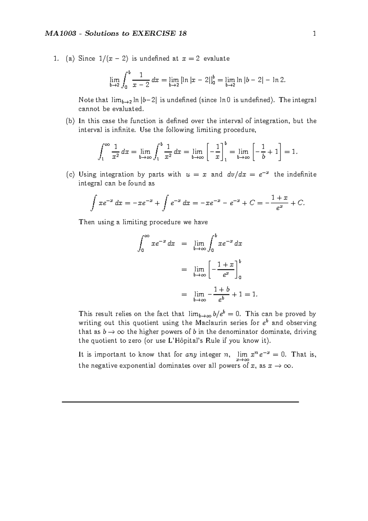 Exercise 18 Solutions - MA1003 - Solutions to EXERCISE 18 1 (a) Since 1 ...