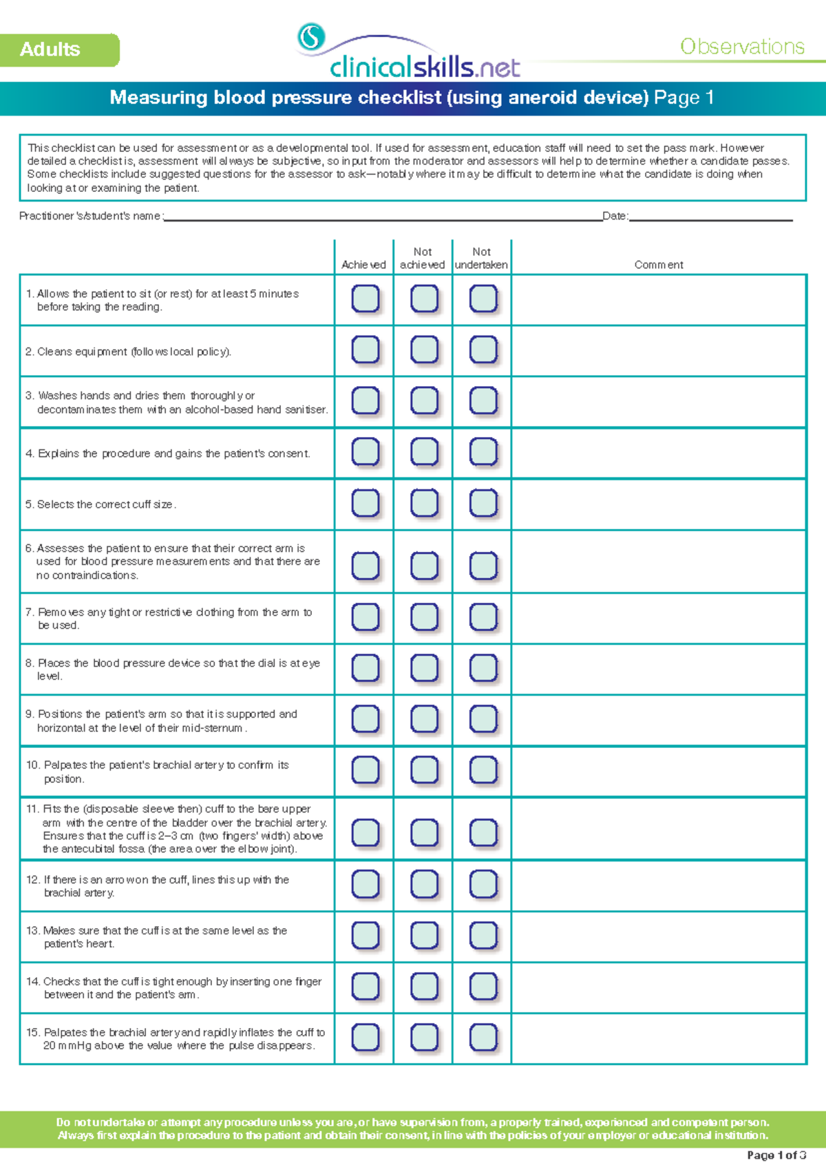 Checklist Adults Measuring Blood Pressure P1 P3 - Adults Observations ...
