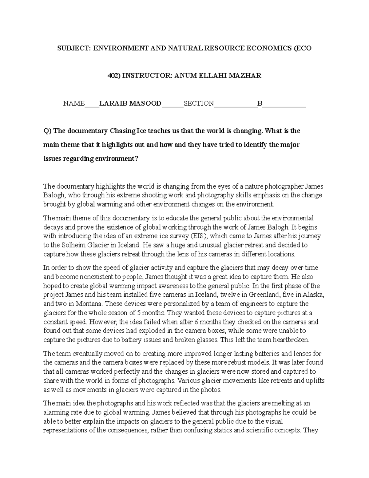 Assignment 13 - Documentary - SUBJECT: ENVIRONMENT AND NATURAL RESOURCE ...