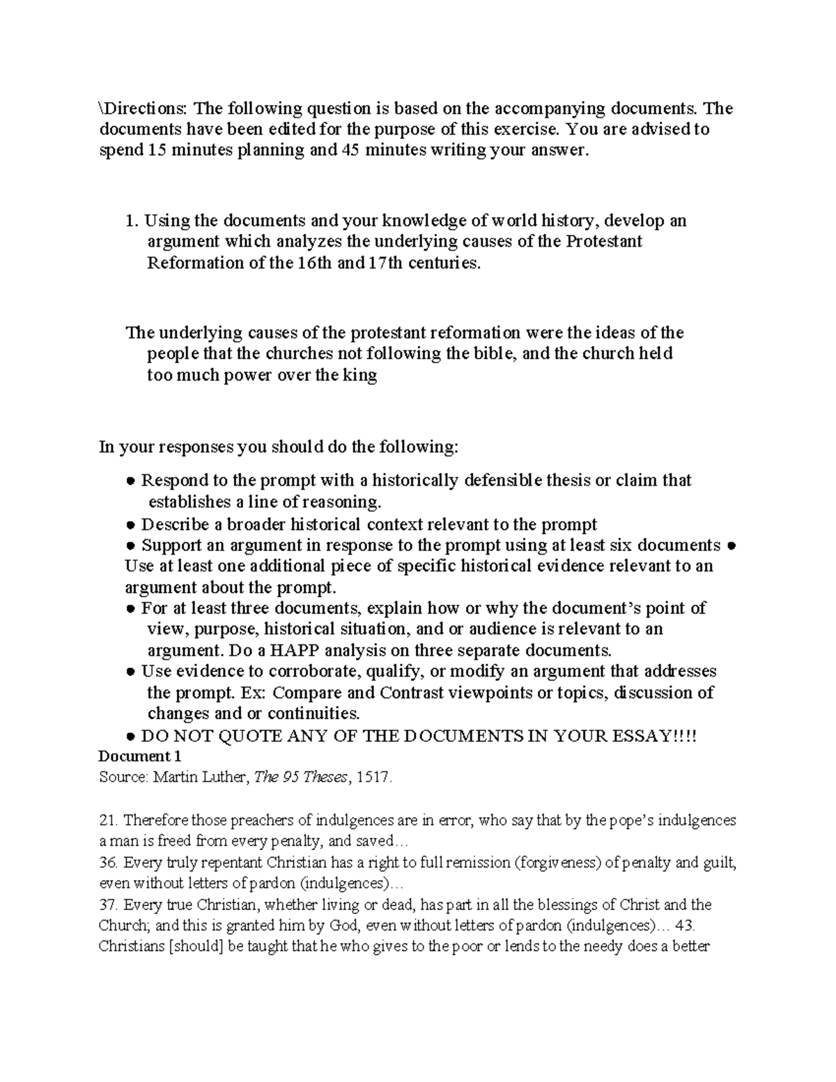 AP World DBQ Protestant Reformation - \Directions: The following ...