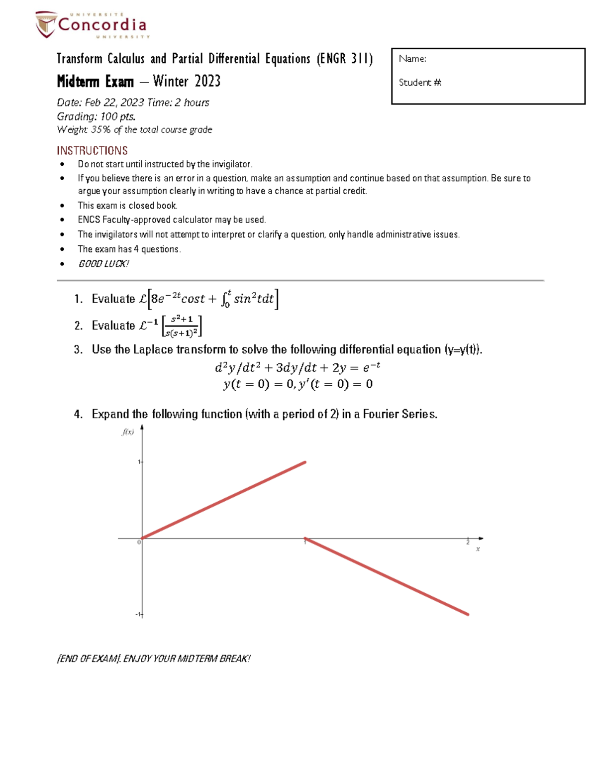 Midterm 2 (Winter 2024) - Transform Calculus and Partial Differential Equations (ENGR 311 ...